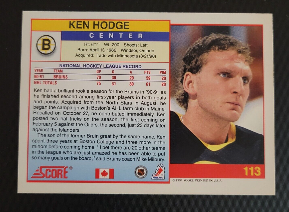 1991-92 Score Canadian KEN HODGE Boston Bruins Hockey NHL Card #113 | eBay