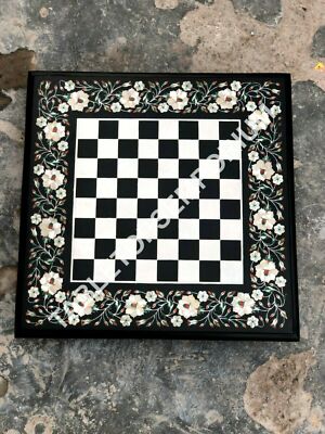 20" Black Marble Chess Coffee Table Top Marquetry Floral Inlay Living ...