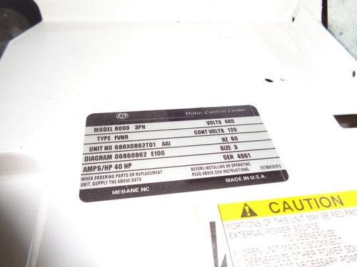 General Electric Model 8000, 40hp,460v, Size 3 Motor Control Panel New ...