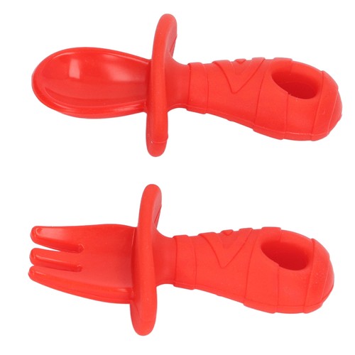 (Red)Silicone Spoon Fork Chewable Self Feeding Silicone Spoon Safety ...