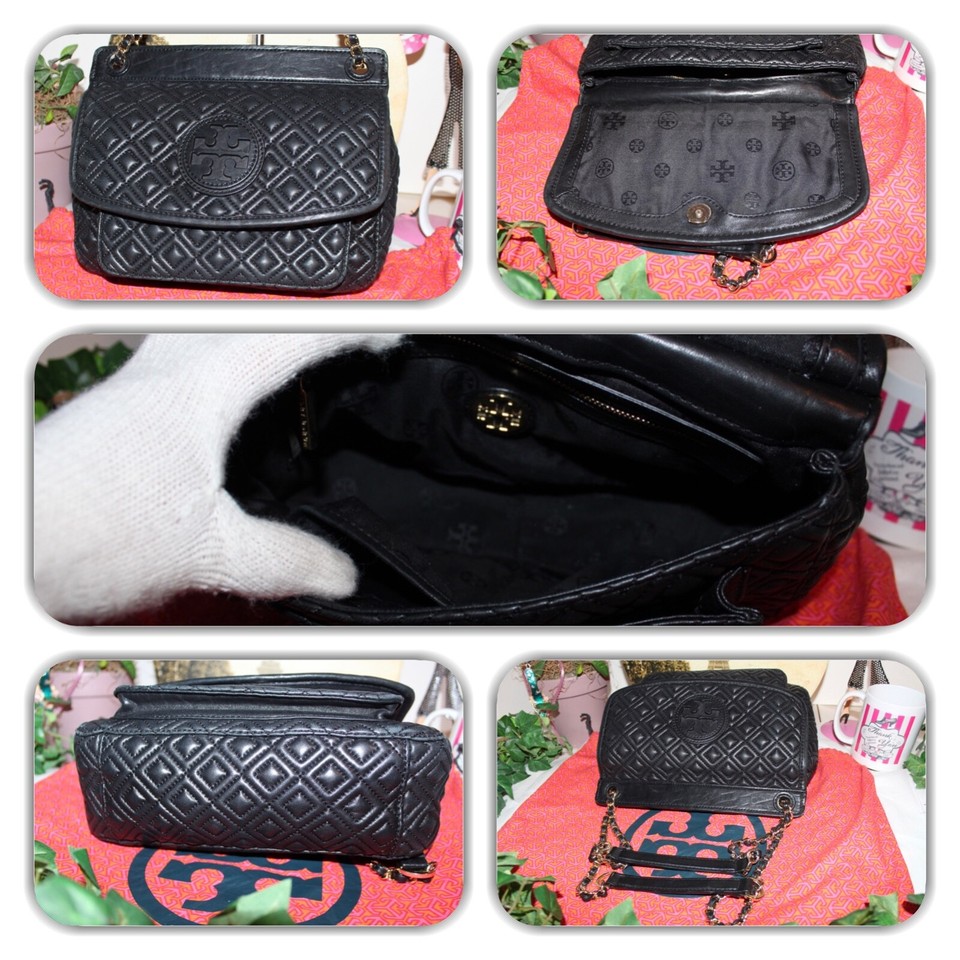 POSH TORY BURCH BLACK LEATHER FLEMING LARGE T LOGO DOUBLE GOLD CHAIN ...