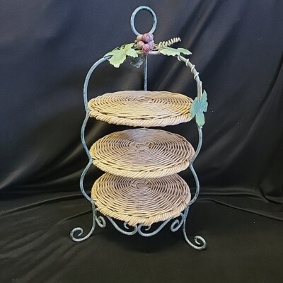 Three Tier Wicker And Metal Tier Tray 22" tall 10"Trays Metal Grapes ...