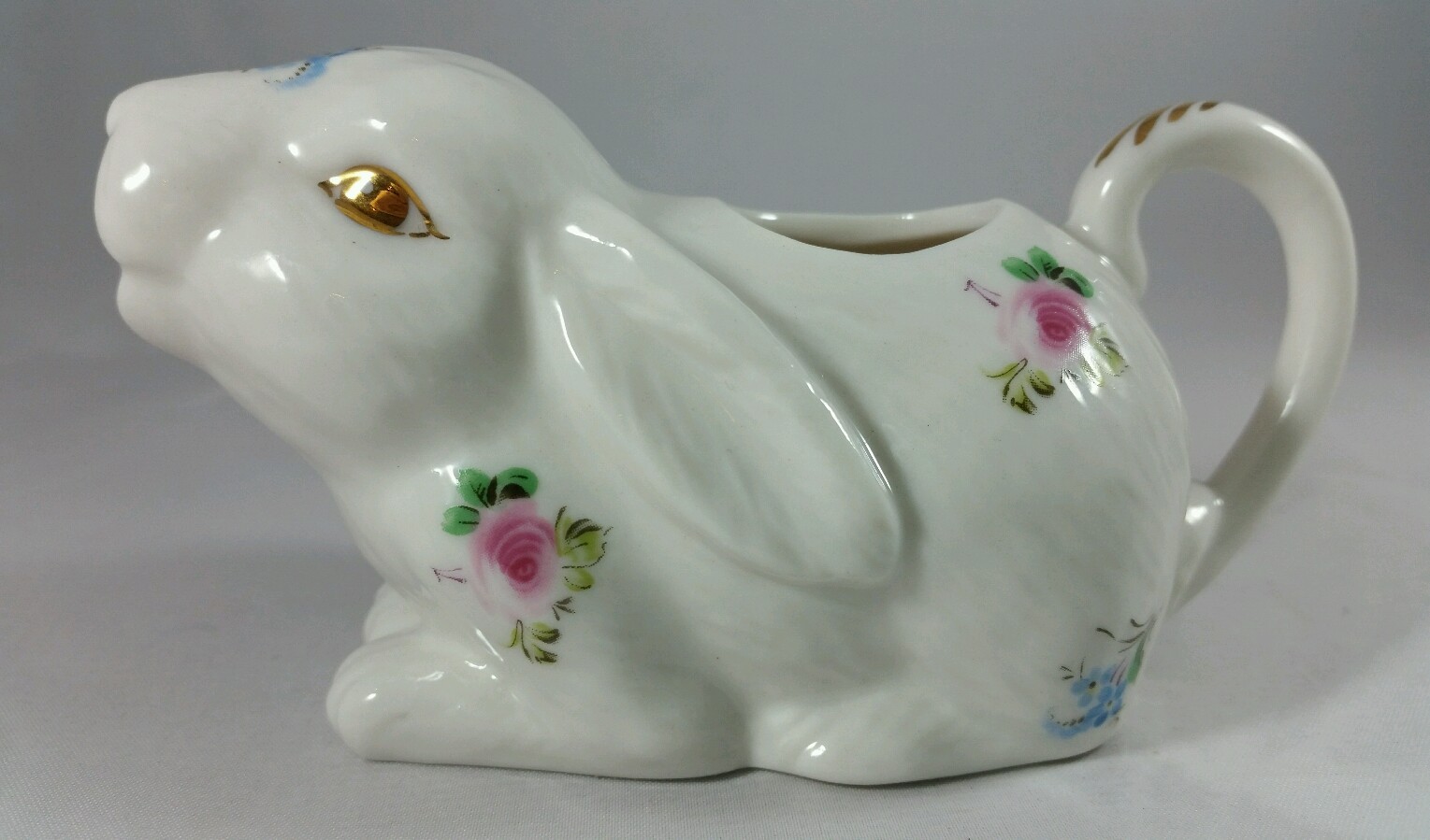 GRACE'S TEAWARE BUNNY CREAMER EXC. COND PINK PURPLE & BLUE FLOWERS GOLD ...