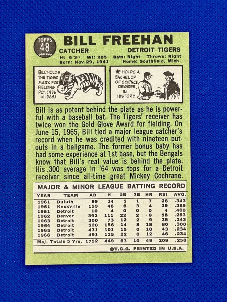 1967 Topps Baseball Bill Freehan #48 Detroit Tigers EX-MT (tiny scratch ...