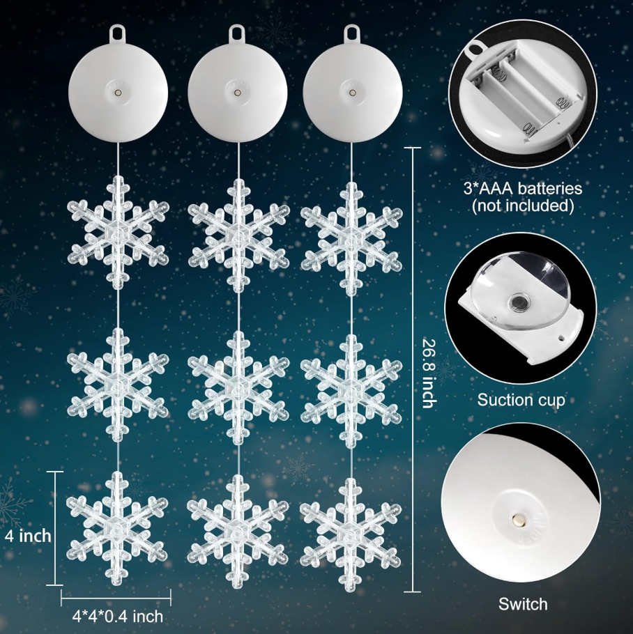 3-Pack Christmas Window Snowflake LED String Lights with Timer Battery ...