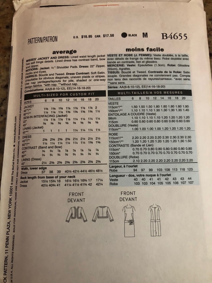 🌸 BUTTERICK #B4655-LADIES DAY or EVENING DRESS & JACKET PATTERN 6-12 / ...