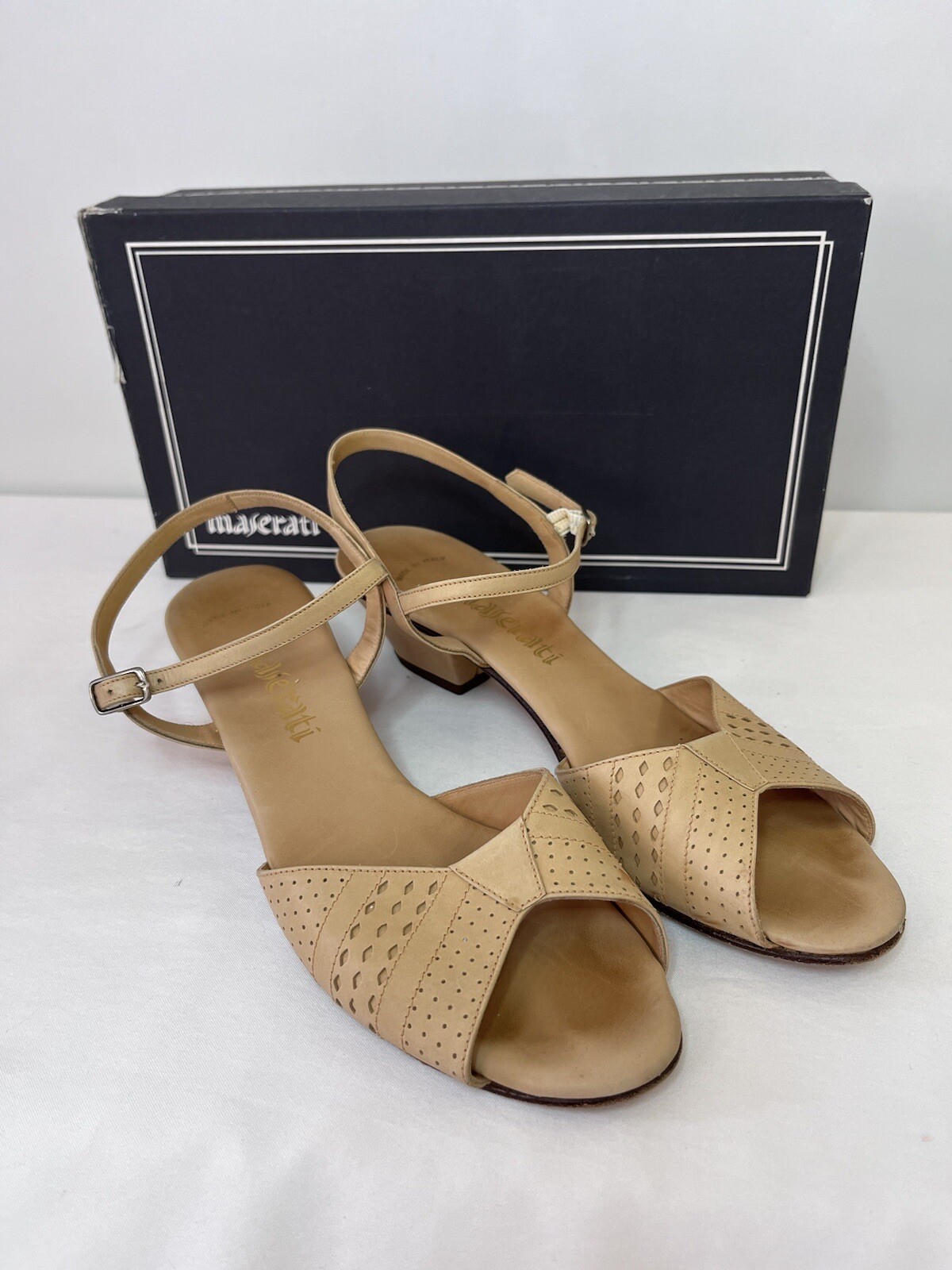 Vintage Maserati Italian Leather Bone Wedge Women's Open Toe Shoe Size ...