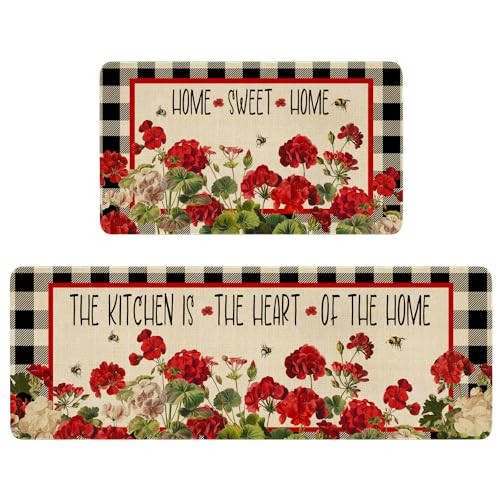 Spring Summer Farmhouse Kitchen Rugs and Mats Set of 2,Geranium Bee Red ...