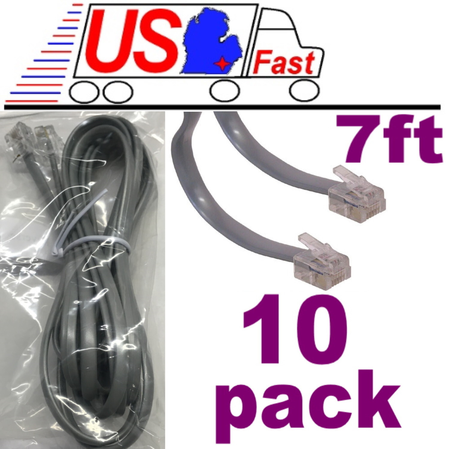 Lot10 7ft RJ11 modular 6P4C 4wire Phone/Telephone Line Flat Cord/Cable ...