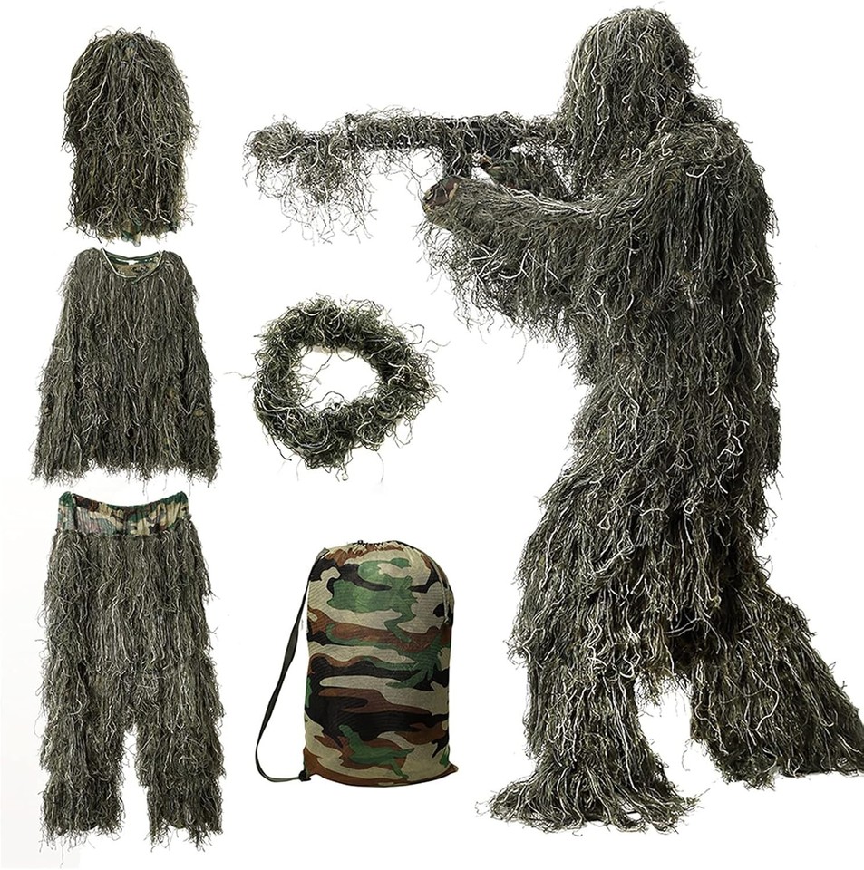 5 in 1 Ghillie Suit, 3D Camouflage Hunting Apparel w/Jacket, Pants ...