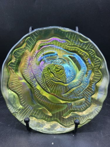 Lime Green Irridescent Carnival Glass Rose Plate Goofus Table Sconce | eBay