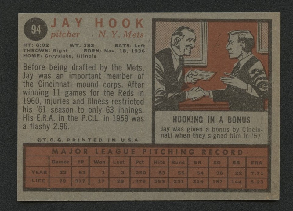 1962 TOPPS BASEBALL JAY HOOK #94 NEW YORK METS EX-MT+ | eBay