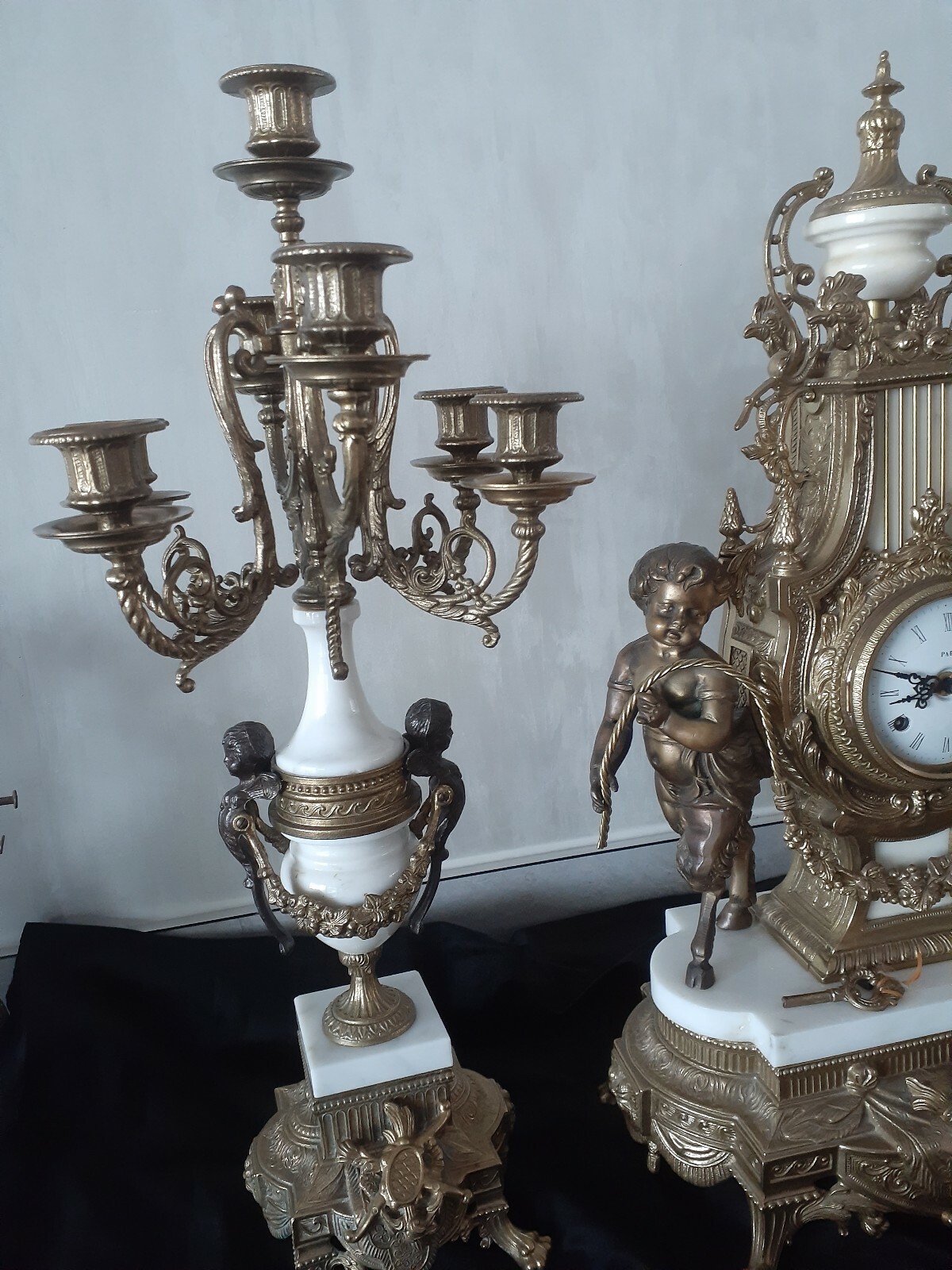 Brevettato Mantle Clock with 2 Brevettato Candelabras Brass White ...