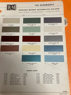 1962 OLDSMOBILE AUTOMOTIVE R & M, Exterior Paint Color Chip Chart Sheet ...
