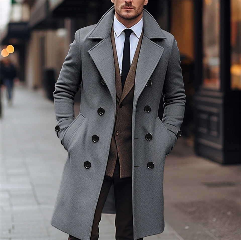 Men's Woolen Trench Coat French Business Overcoat Winter Warm Long Top ...