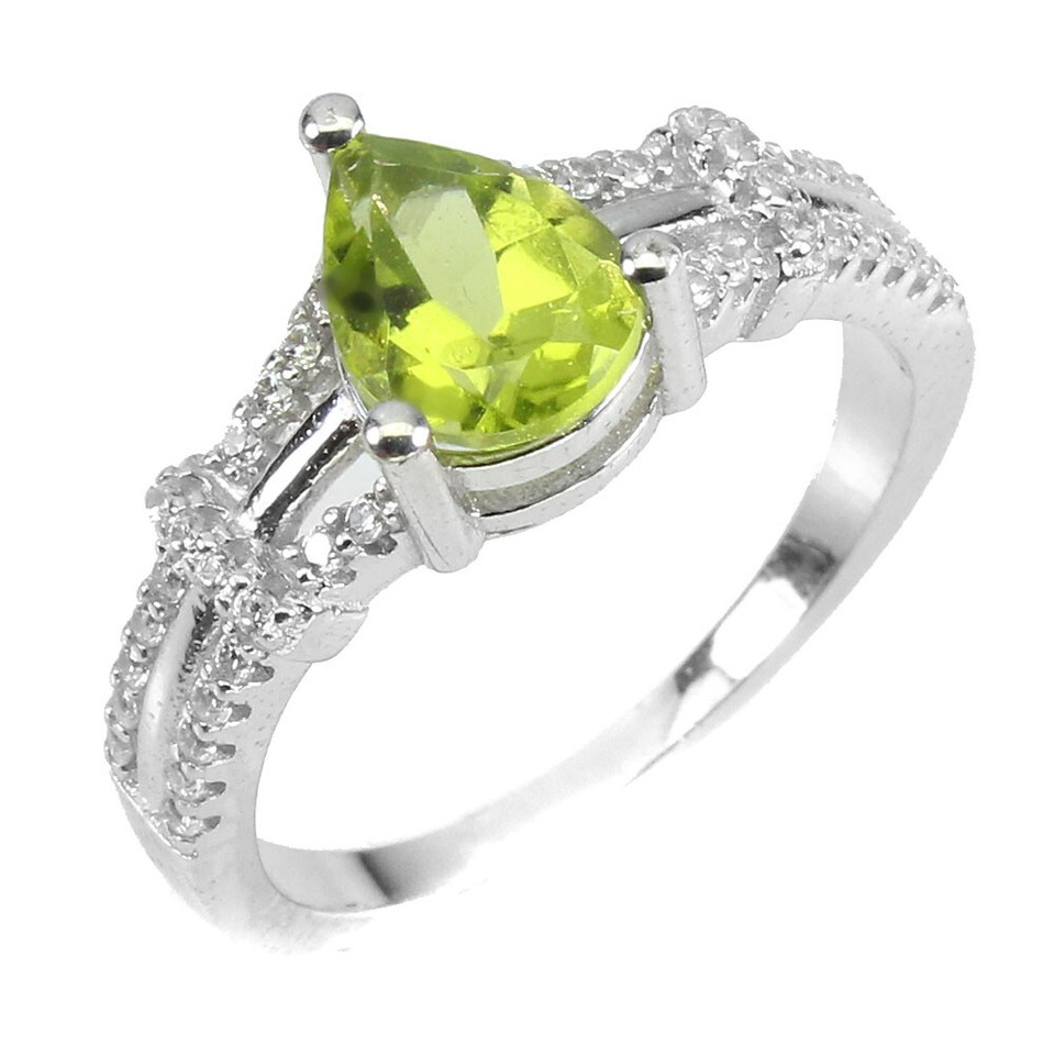 925 Sterling Silver Ring Pear Peridot 8x6mm Simulated Cz Gemstone ...