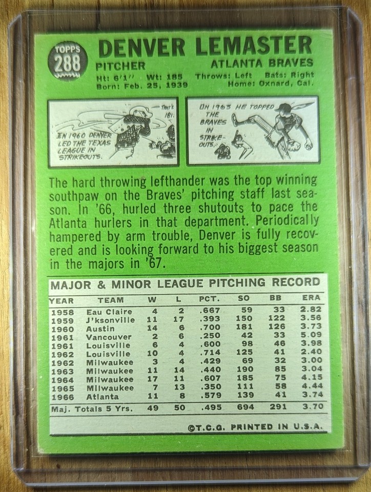 1967 Topps DENVER LEMASTER #288 MLB Atlanta Braves Baseball Card | eBay