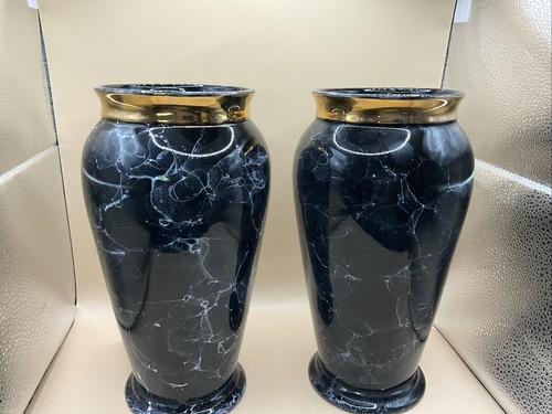 Black Roux marbled gold trim set mid-century modern vases 10 Inches ...