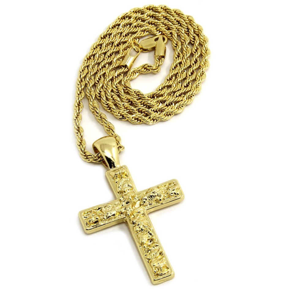 Mens 14K Gold Plated Nugget Cross Pendant Hip-Hop 3mm/24" Rope Chain | eBay