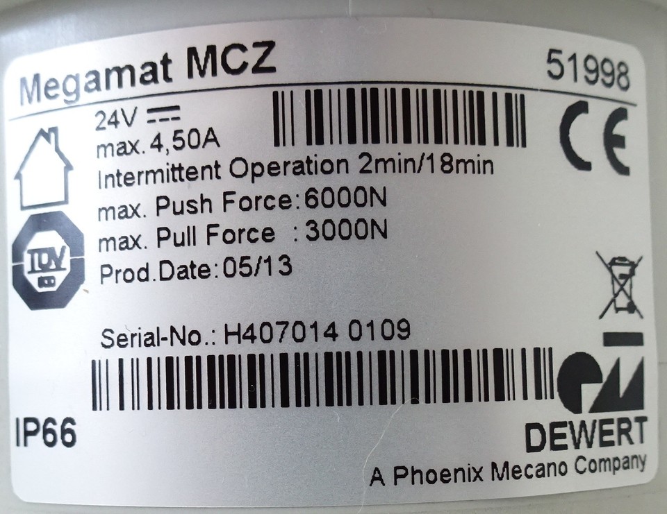 DEWERT Megamat MCZ 51998 Hubmotor Linearantrieb 24V 8mm/s 100mm IP66 ...