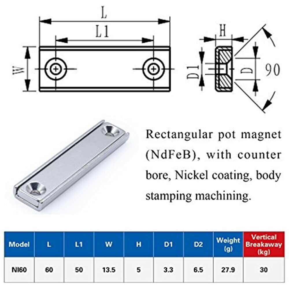 Strong Neodymium Rectangular Pot Magnets With Counter Bore, Countersunk ...