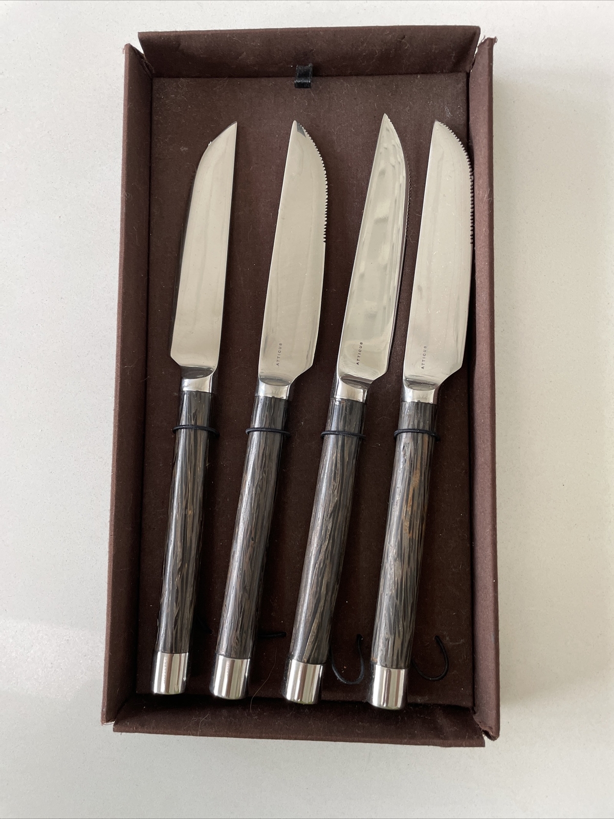 NIB Atticus Morgan Steak Knife Stainless w Leopard Wood Handle. Set Of ...