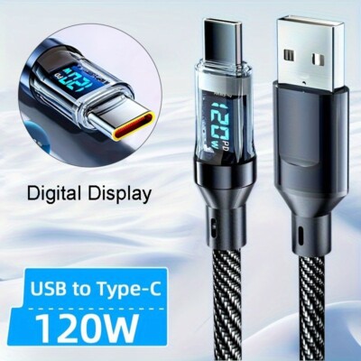 Digital Display USB A to Type C Cable 7A 120W Fast Charger Braided USB ...