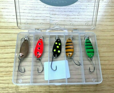 5 Drop Spinners in pocket lure box Ideal For Perch Salmon Pike trout ...