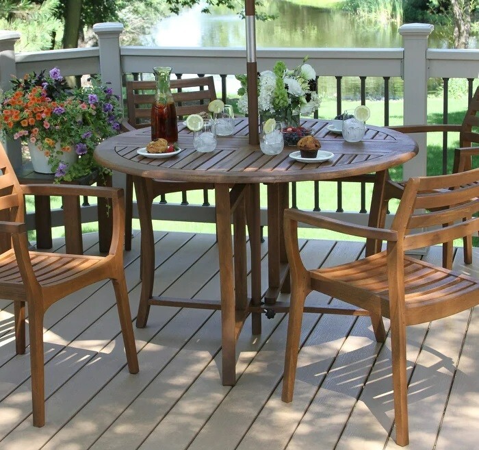 Round Eucalyptus Folding Table Outdoor Patio Deck Pool Side Dining Wood ...