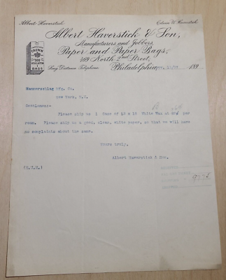 1897 Antique Document, Albert Haverstick Paper Co., Philadelphia PA, *5 ...