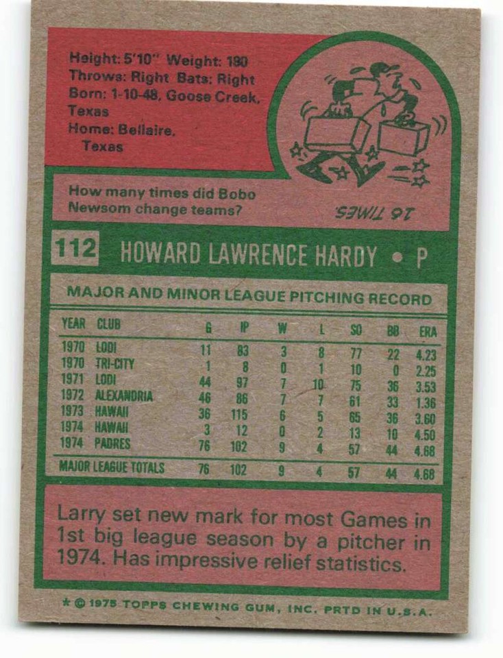 1975 Topps #112 Larry Hardy EX++ Excellent++ RC Rookie Padres | eBay