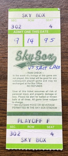 RARE 1995 PCL Colorado Springs Sky Sox Baseball Playoff Ticket vs Salt ...