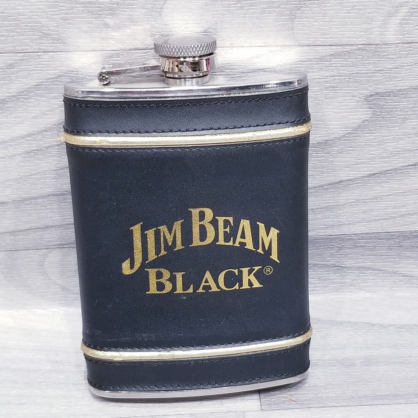 JIM BEAM BLACK STAINLESS STEEL LEATHER WRAP WHISKEY HIP FLASK BOTTLE (8 ...