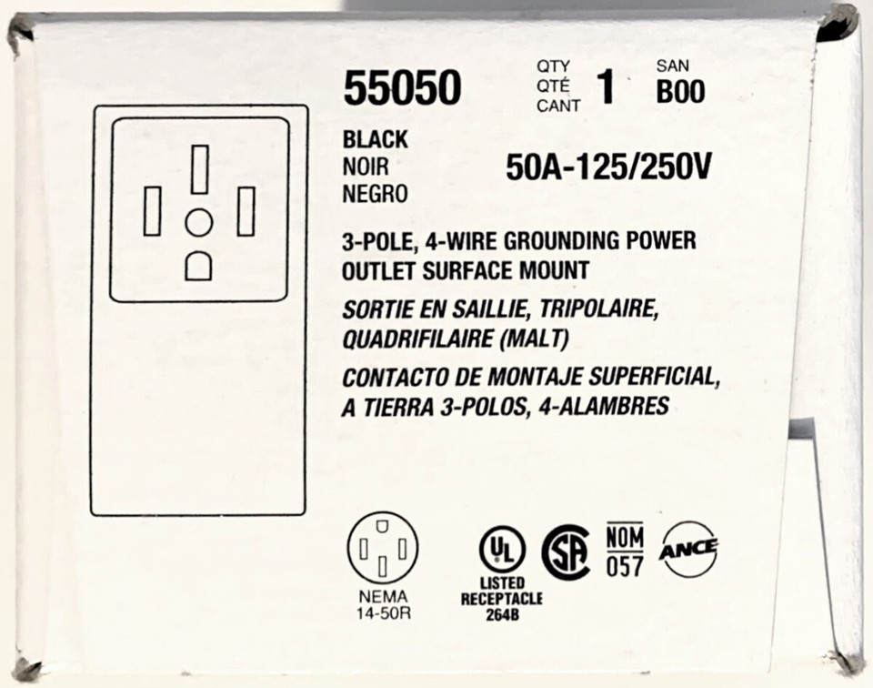 Leviton 50A 125/250V 3-Pole 4-Wire Surface Mount Power Outlet Black ...