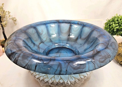 Vintage Large Blue Cloud Glass With Black Swirls Bowl By George ...