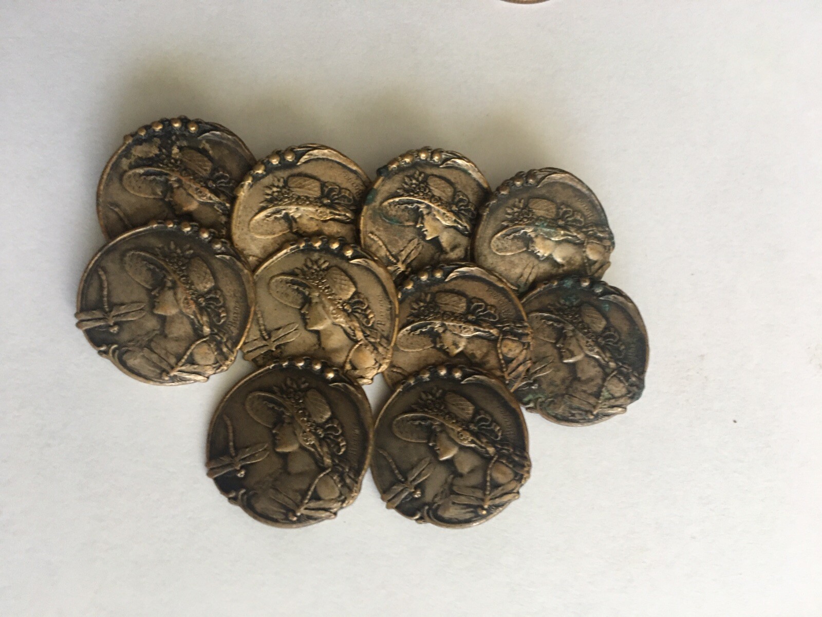 RARE! Set Of 10 Armand Bargas Signed French Buttons Nouveau Lady w ...