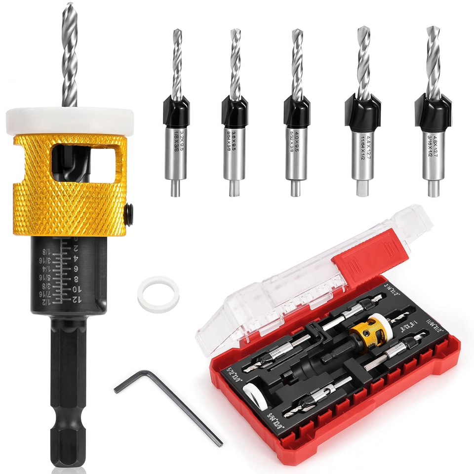 5PCS Countersink Drill Bit Set, Low Friction Depth Stop, 1/8 9/64" 5/32 ...