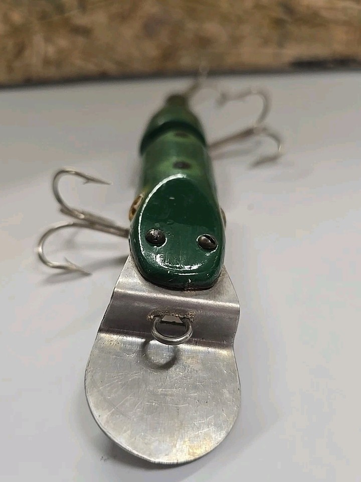 VINTAGE 7" CREEK CHUB PIKIE JOINTED WOODEN MUSKIE FISHING LURE FROG ...