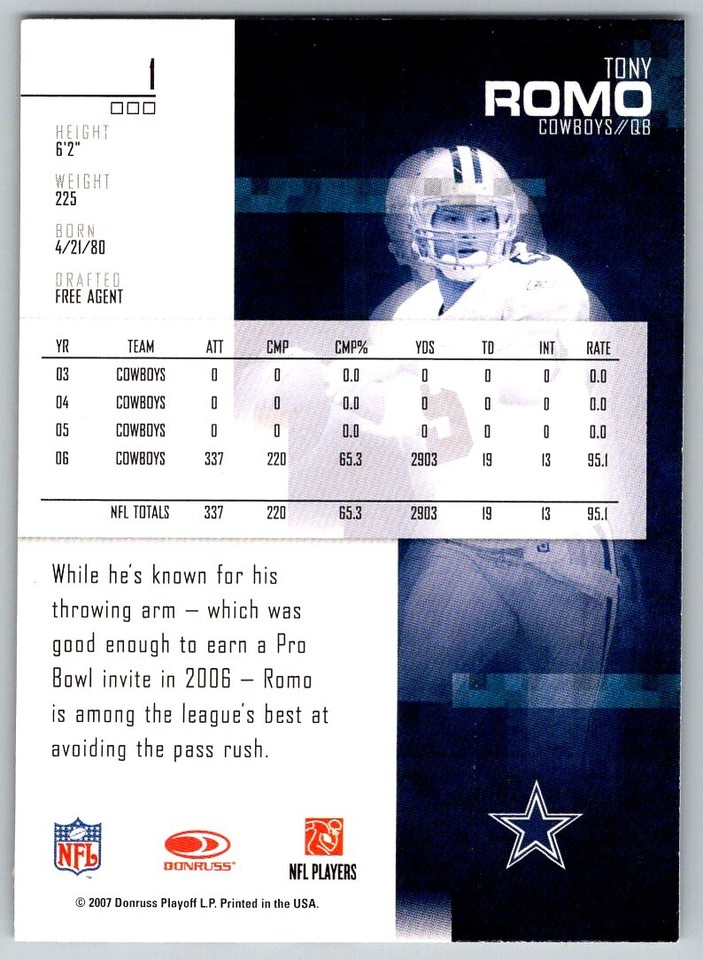 2007 Leaf Rookies & Stars Football Card Tony Romo #1 Dallas Cowboys | eBay