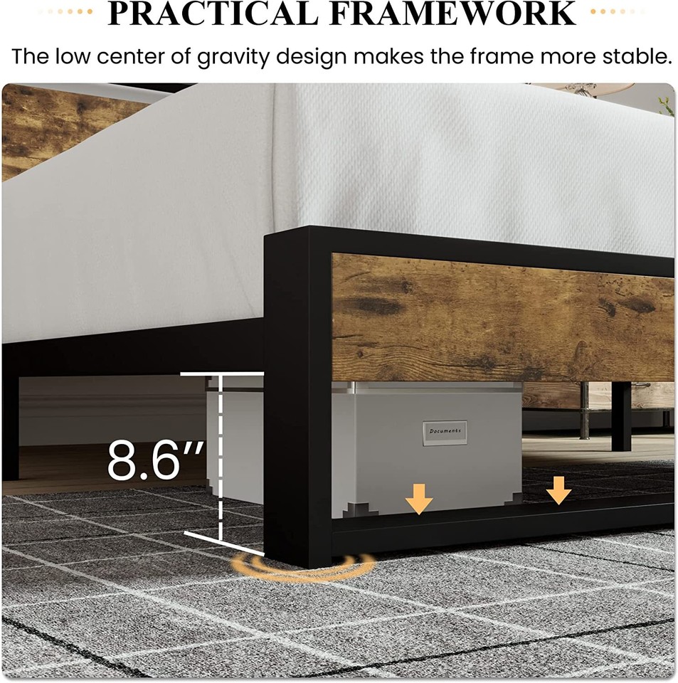 Queen Heavy Duty Platform Metal Bed Frame with Wooden Headboard,Rustic ...