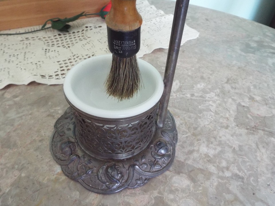 Antique Ornate Shaving Stand Mirror w/ Milk Glass Cup & Brush 14" Tall ...