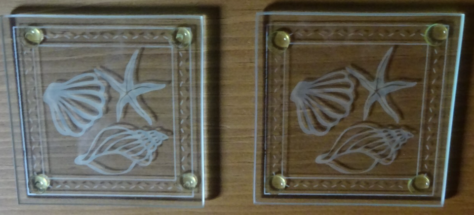 Seashell Etched Glass Coasters with Rubber Feet, 3-1/2"x3-1/2"x1/8 ...