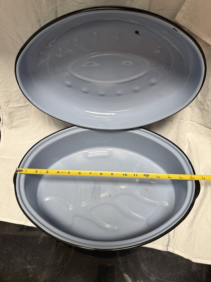 Vintage Roasting Pan Large Blue Farmhouse Enamelware Roaster 16½"x 12½ ...