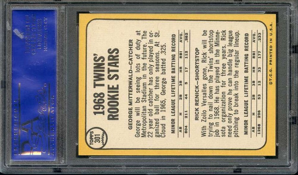 1968 TOPPS #301 GEORGE MITTERWALD/RICK RENICK PSA 10 (RC) TWINS | eBay
