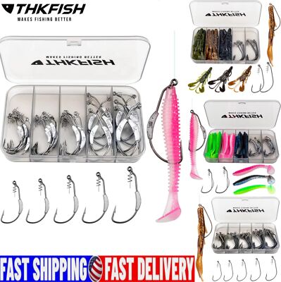 60pcs Weighted Fishing Hooks Extra Wide Gap Weedless Hook Offset Worm Hook 5Size | eBay