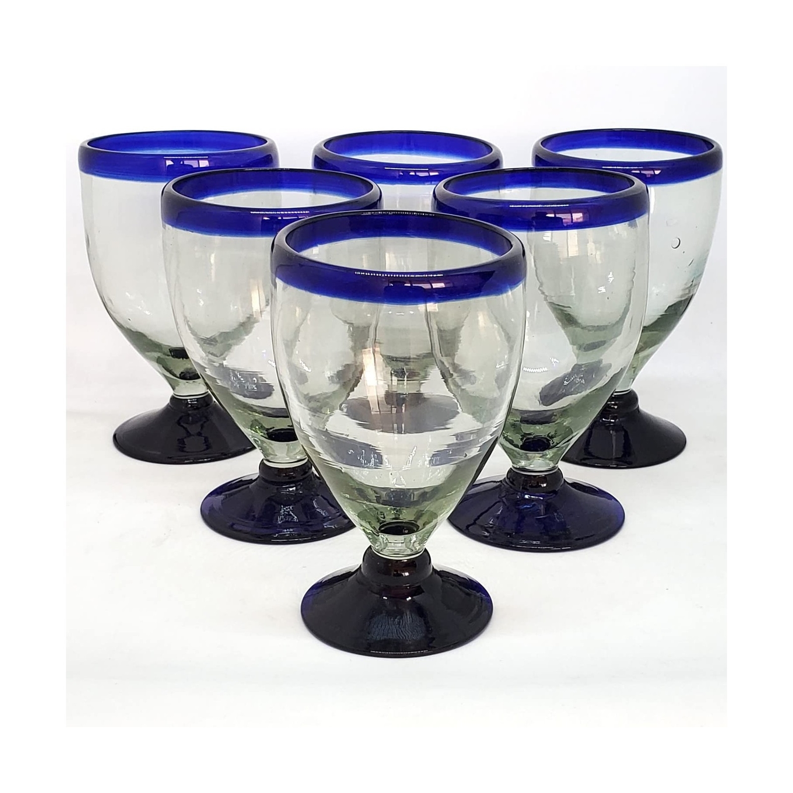Mexican Blown Glass Stemless Wine Glasses Cobalt Blue Rim Set of 6 for ...