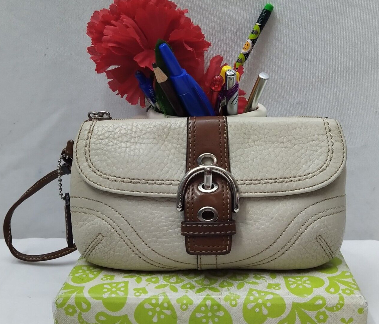 Coach Ivory Pebbled Leather Buckle Flap Closure Wrist… - Gem