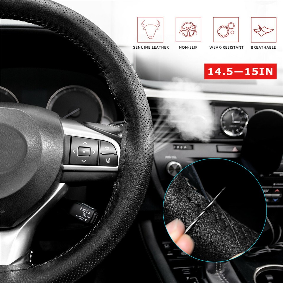 DIY Car Steering Wheel Cover Needle Thread Anti-slip Black 15"US ...