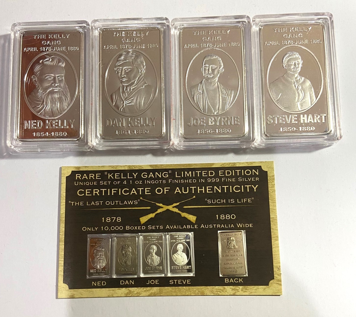 NED KELLY & GANG Set Of 4 x 1oz Ingots With Display Box Finished in 999 ...
