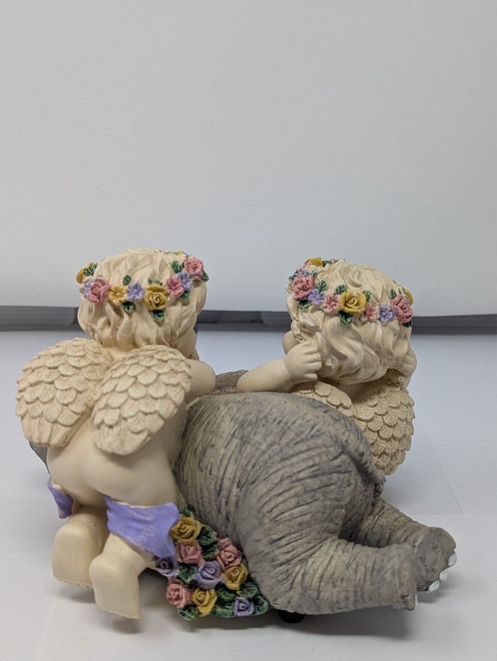Beautiful Two Cherub Baby Angels With Baby Elephant Music Box Vintage ...